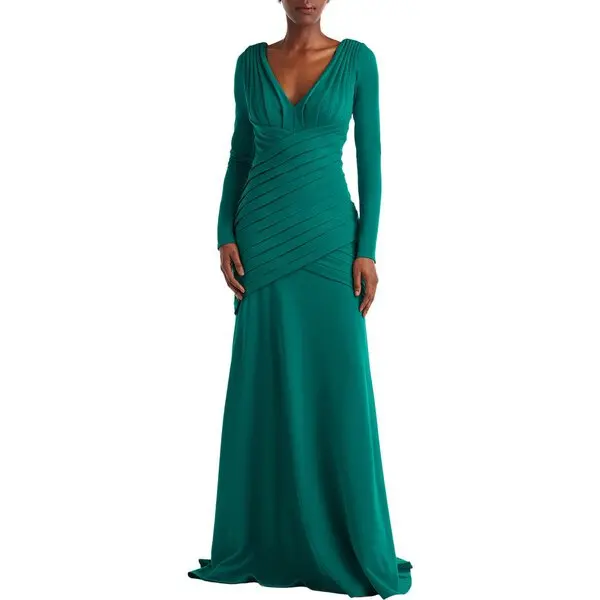 Tadashi Shoji Pleat Detail Long Sleeve Gown - Emerald