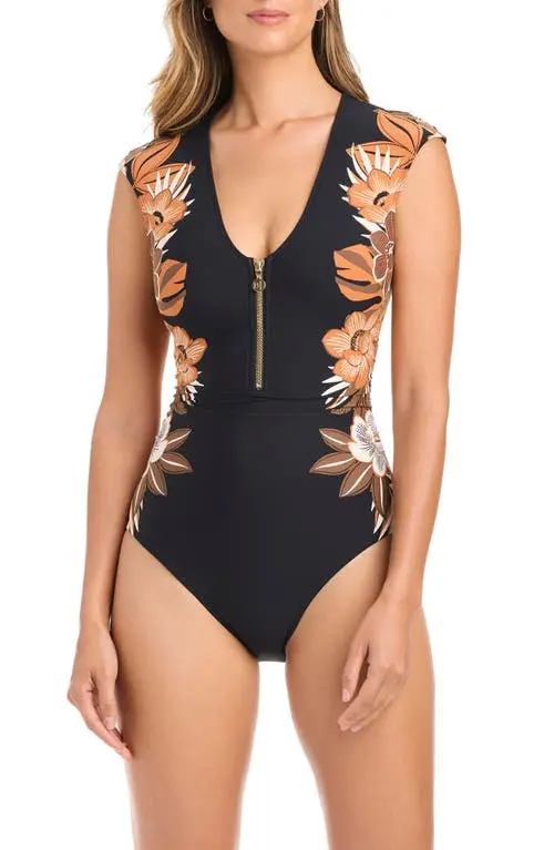 BLEU BY ROD BEATTIE Cap-sleeve Half-zip One-piece Swimsuit - Black