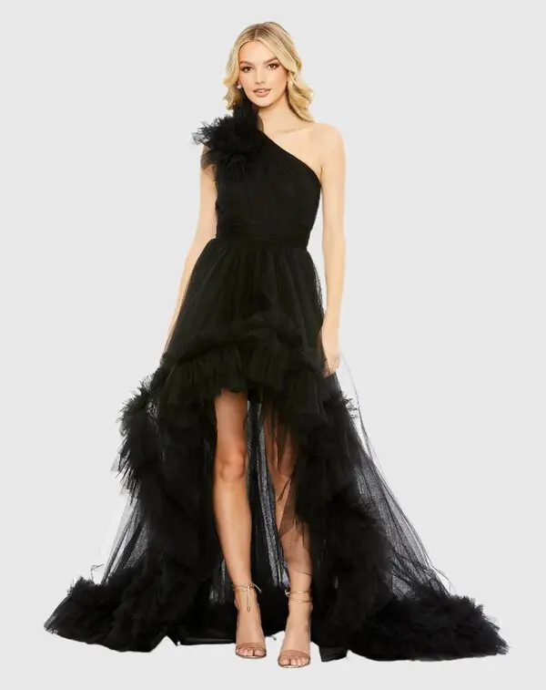 Mac Duggal Ruffled One Shoulder High Low Tulle Gown