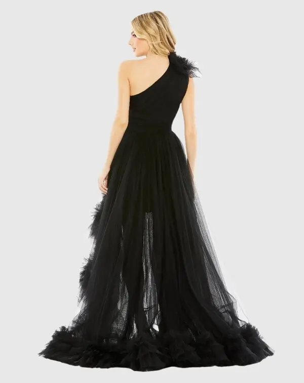 Mac Duggal Ruffled One Shoulder High Low Tulle Gown