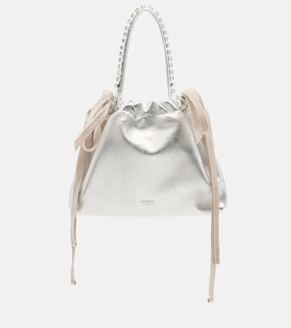 JIMMY CHOO Drawstring Mini Embellished Leather Shoulder Bag - Silver