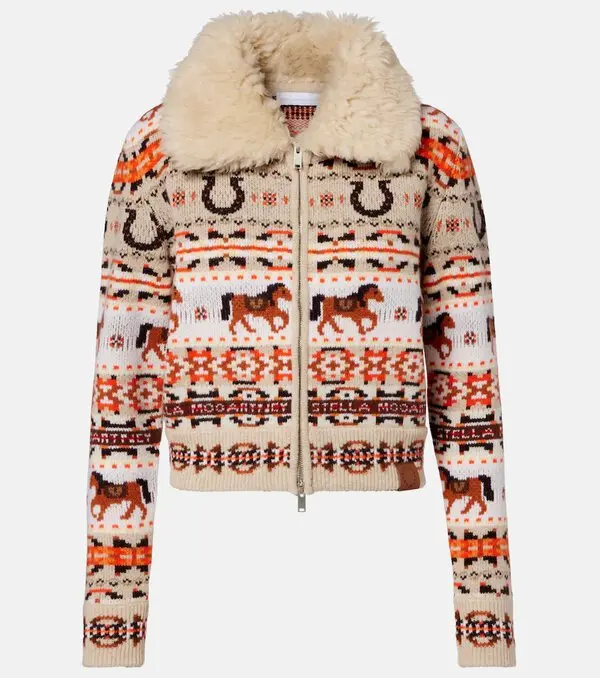 Stella McCartney Intarsia Virgin Wool Zip-up Cardigan With Fur Collar - Multicoloured