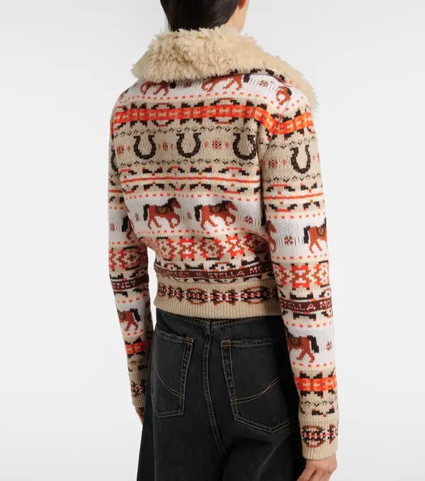 Stella McCartney Intarsia Virgin Wool Zip-up Cardigan With Fur Collar - Multicoloured