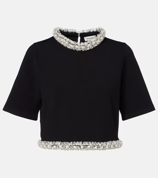 Simkhai Ozelle Embellished Knitted Crop Top - Black