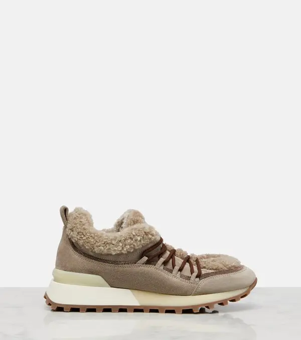 Brunello Cucinelli Shearling-lined Suede Sneakers - Beige