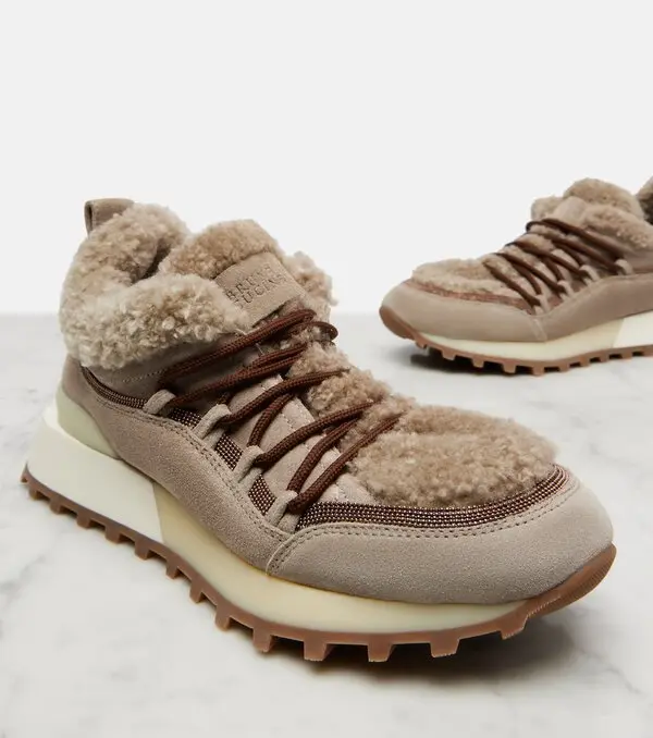 Brunello Cucinelli Shearling-lined Suede Sneakers - Beige