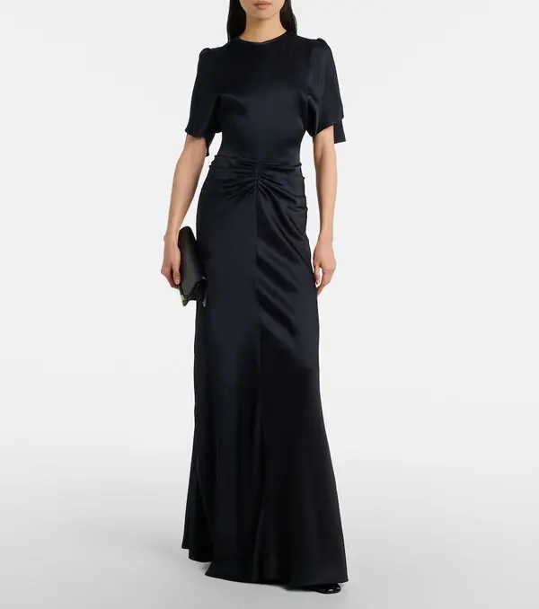 Victoria Beckham Gathered Satin Gown - Blue