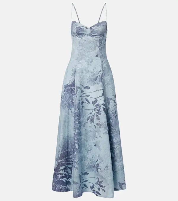 Simkhai Floral Linen And Cotton Bustier Dress - Blue
