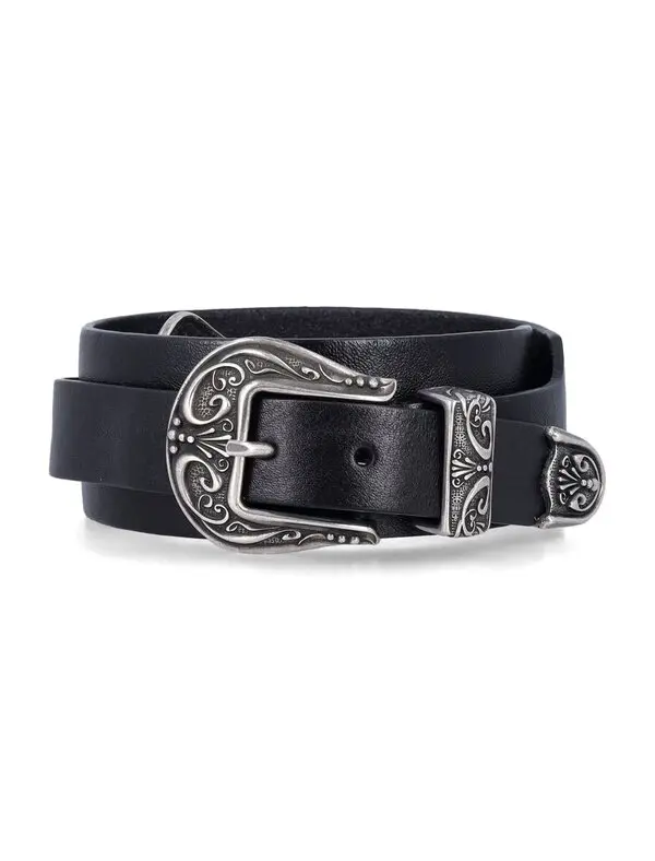 Golden Goose Washed Leather Belt With Engraved Double Buckle - Black