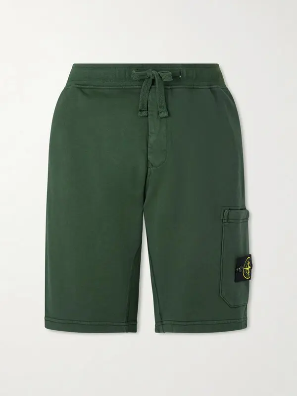 Stone Island Straight-leg Logo-appliquéd Garment-dyed Cotton-jersey Drawstring Shorts - Green