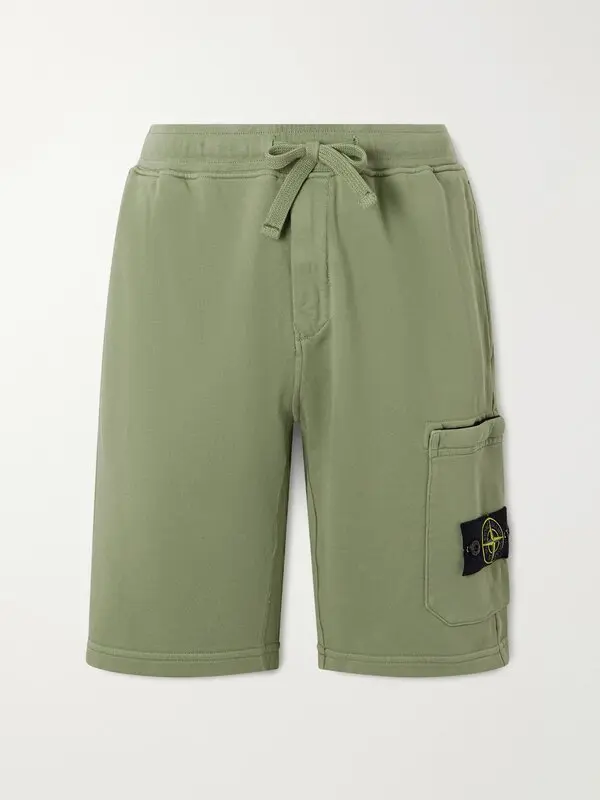 Stone Island Straight-leg Logo-appliquéd Garment-dyed Cotton-jersey Drawstring Shorts - Green