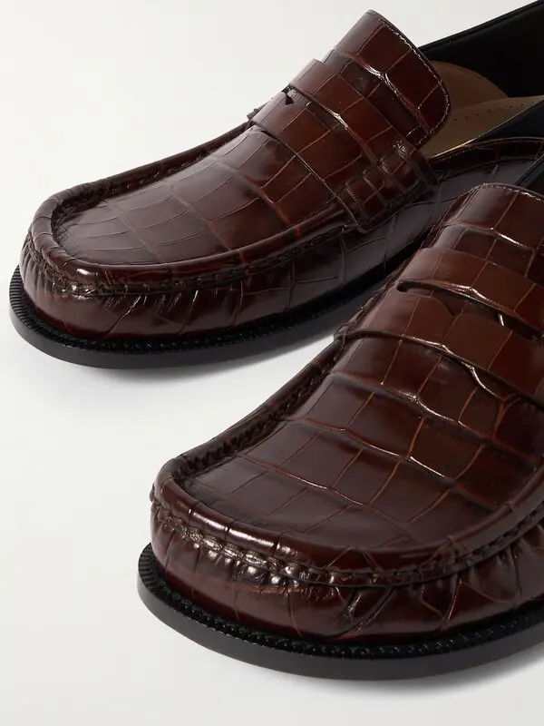 Loewe Campo Collapsible-heel Croc-effect Leather Loafers - Brown