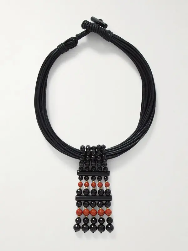 Le Sundial The Sculptural Waxed-cotton, Onyx And Jasper Necklace - Black