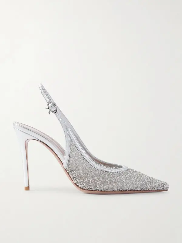GIANVITO ROSSI Itaca 95 Metallic Leather-trimmed Embellished Mesh Slingback Pumps - Silver