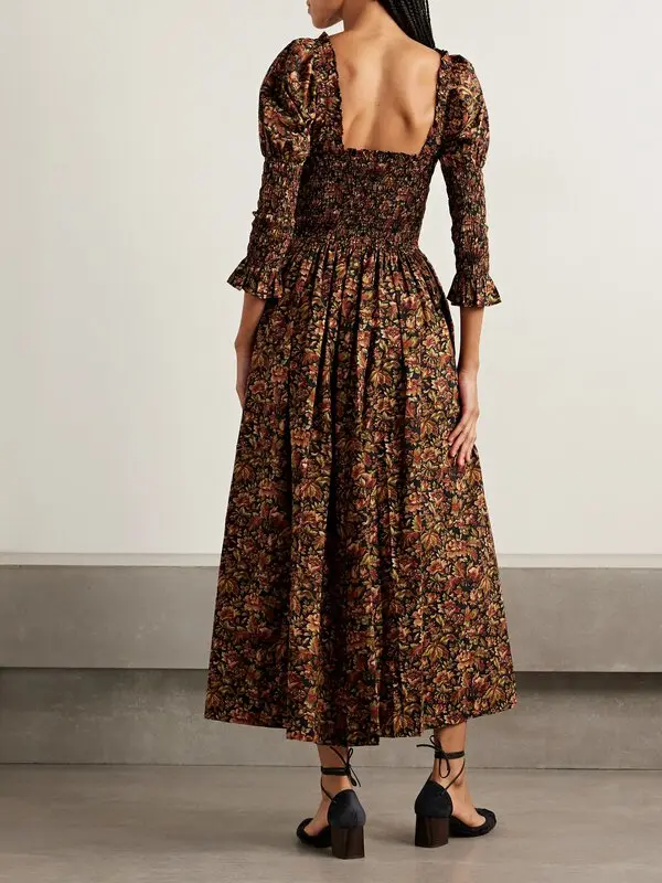 DÔEN Bijou Shirred Floral-print Organic Cotton-voile Midi Dress - Black