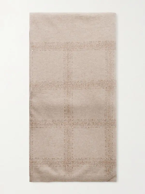 Brunello Cucinelli Sequined Checked Wool, Cashmere And Silk-blend Scarf - Neutrals