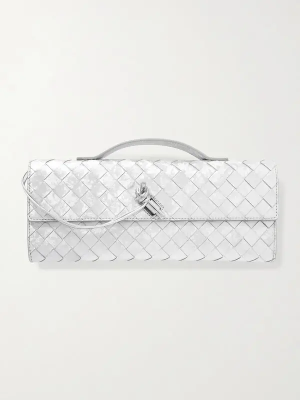 Bottega Veneta Andiamo Long Intrecciato Metallic Leather Clutch - Silver