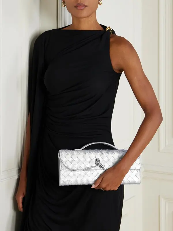 Bottega Veneta Andiamo Long Intrecciato Metallic Leather Clutch - Silver