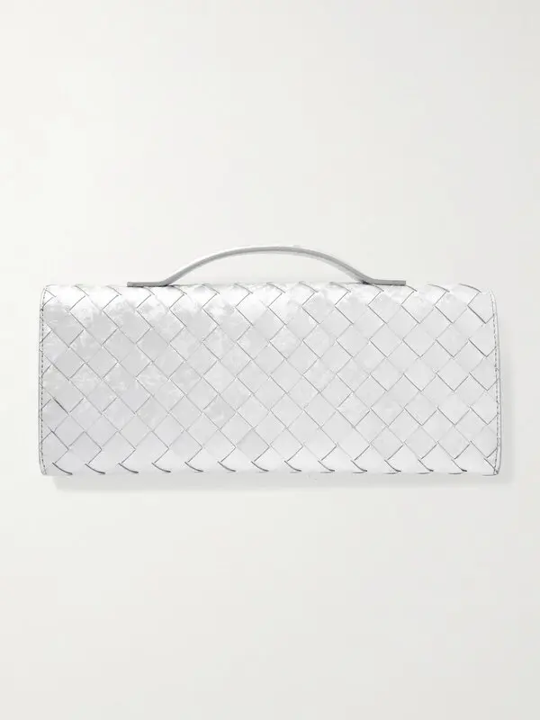 Bottega Veneta Andiamo Long Intrecciato Metallic Leather Clutch - Silver