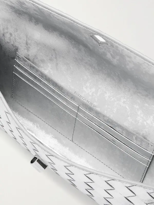 Bottega Veneta Andiamo Long Intrecciato Metallic Leather Clutch - Silver