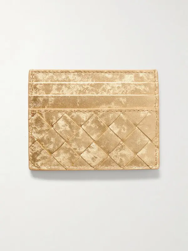 Bottega Veneta Intrecciato Distressed Metallic Leather Cardholder - Gold