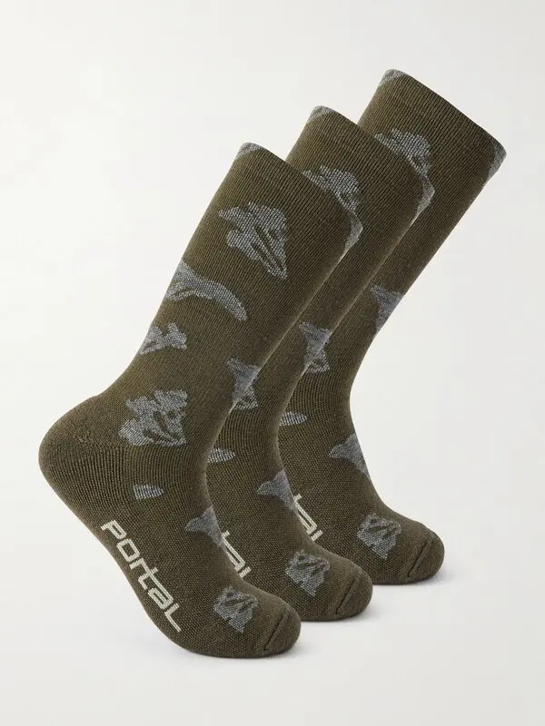 PORTAL Ritual Three-pack Stretch Merino Wool-blend Socks - Green