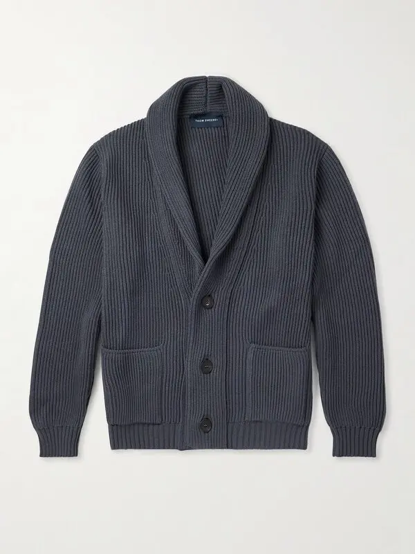 Thom Sweeney Shawl-collar Ribbed Wool Cardigan - Blue