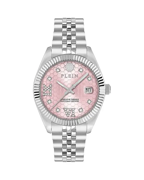 Philipp Plein Date Superlative Crystal Watch, 34mm - Pink/silver