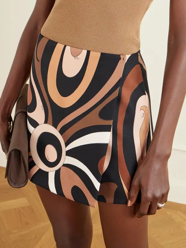 Emilio Pucci Wrap-effect Printed Silk-twill Mini Skirt - Brown
