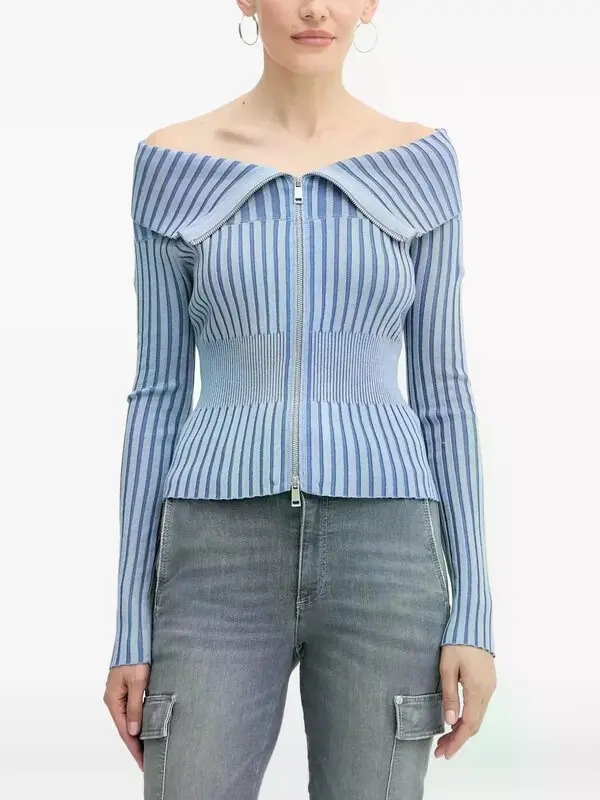 Guess Striped Off-shoulder Zip-up Sweater - Blue