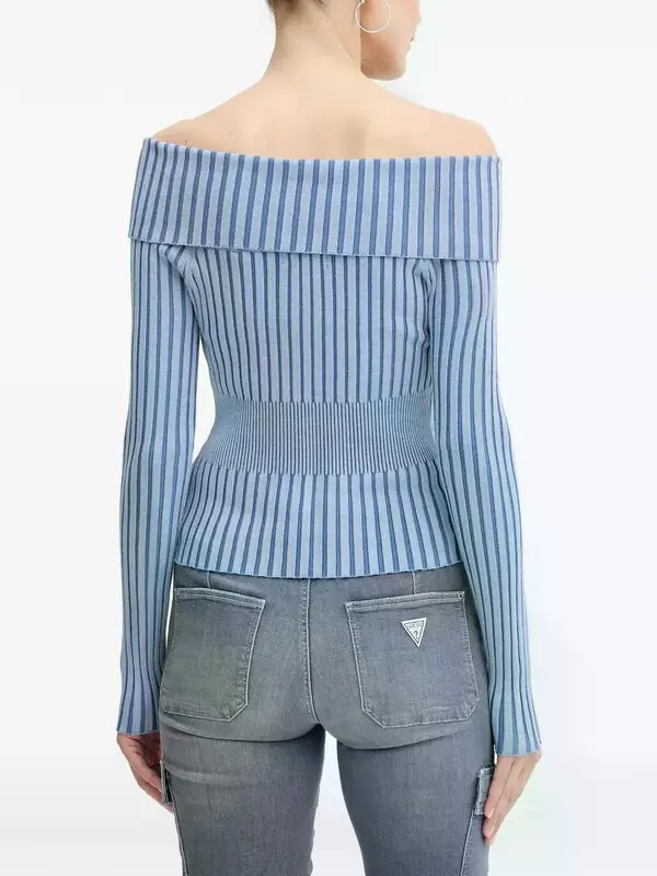 Guess Striped Off-shoulder Zip-up Sweater - Blue