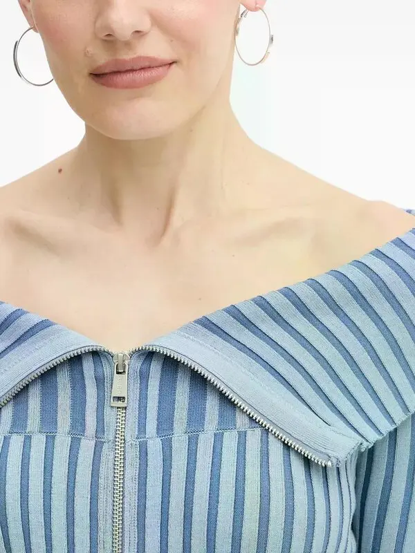 Guess Striped Off-shoulder Zip-up Sweater - Blue