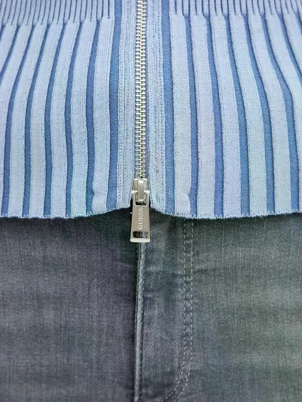Guess Striped Off-shoulder Zip-up Sweater - Blue