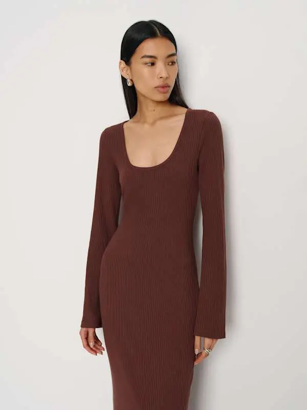 knit bodycon dress long sleeve V Neck Knit Bodycon Slit Midi Dress - MEDIUM / White main image 1