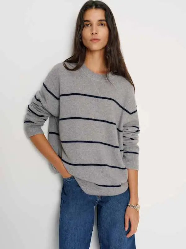 REFORMATION Mateo Cashmere Crew Sweater - Granite Navy Stripe