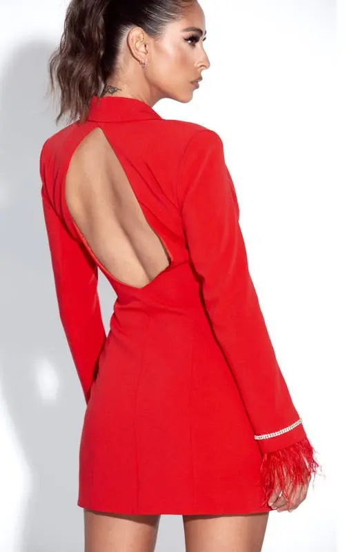 MISS CIRCLE NEW YORK Backless Feather Crystal Sleeve Blazer Dress