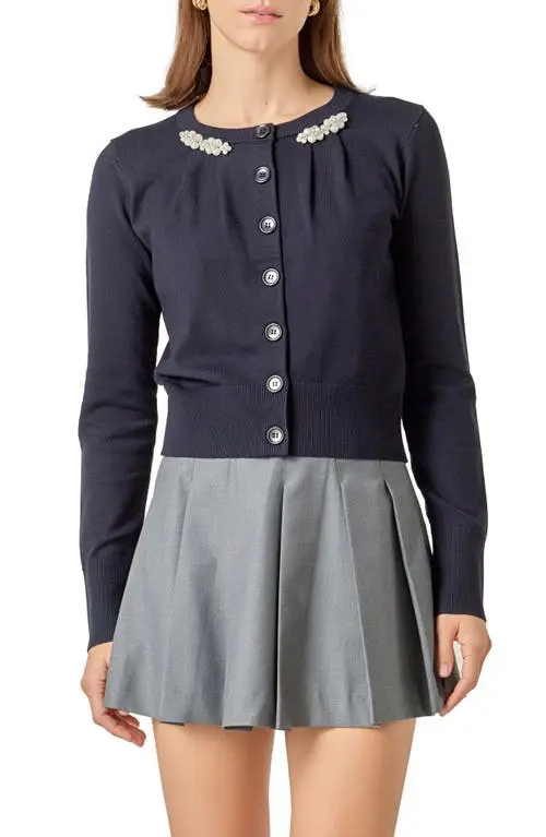 English Factory Pearly Bead & Rhinestone Cardigan