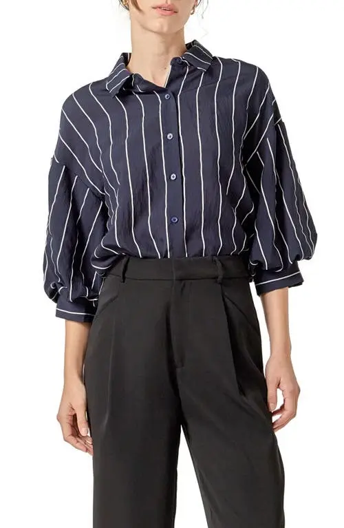 English Factory Striped Balloon Sleeve Shirt - Navy/white