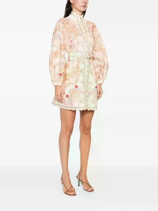 Zimmermann Aliane" Floral Print Scalloped Hem Mini Dress - Neutrals