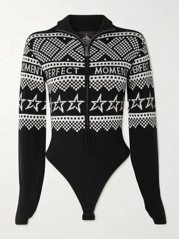 Perfect Moment Intarsia Merino Wool Zip-up Bodysuit