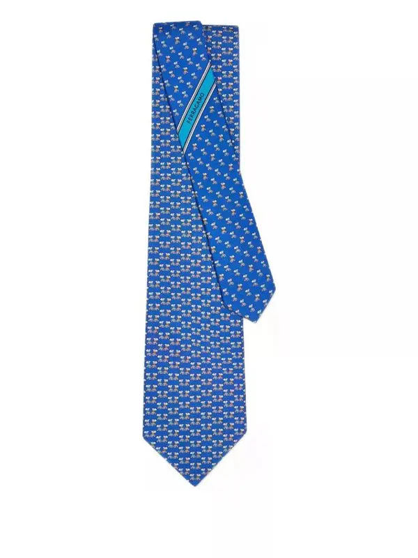 FERRAGAMO Terrier Print Silk Neck Tie - Blue