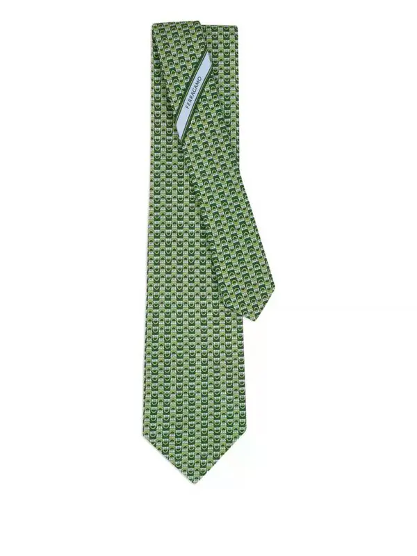 FERRAGAMO Gancini-print Silk Tie - Green