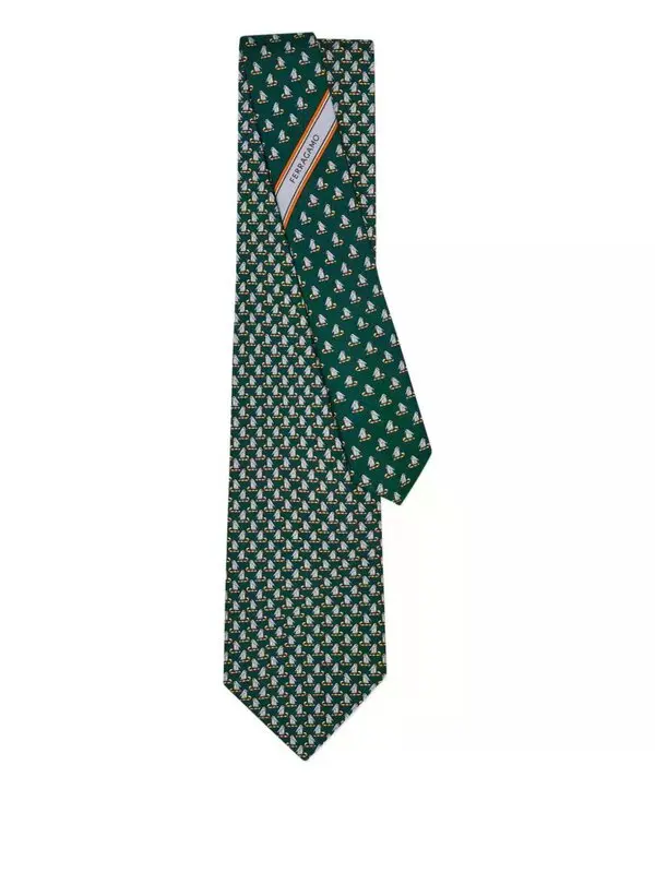 FERRAGAMO Penguin-print Silk Neck Tie - Green