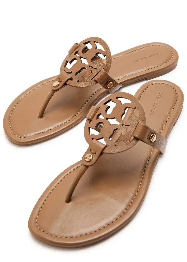 Tory Burch Miller Logo Leather Flip Flops - Tan