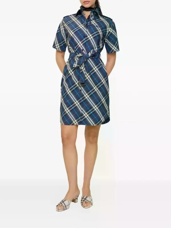 Burberry Checked Cotton Shirt Dress With B Buckle Belt