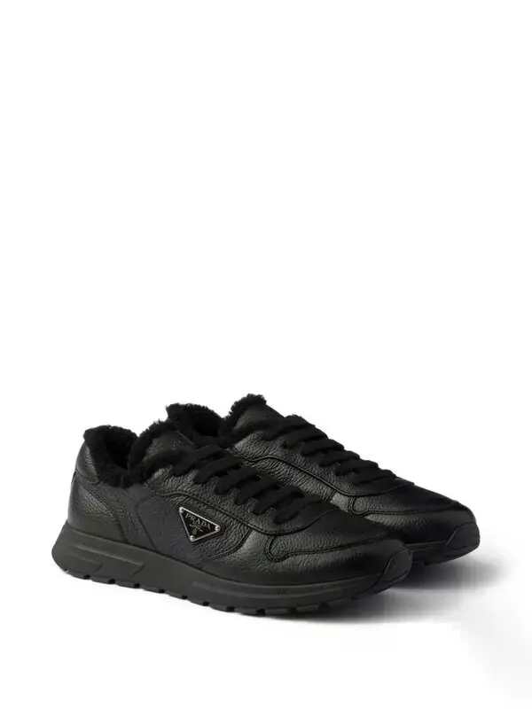 Prada Leather Sneakers With Shearling Lining - Black