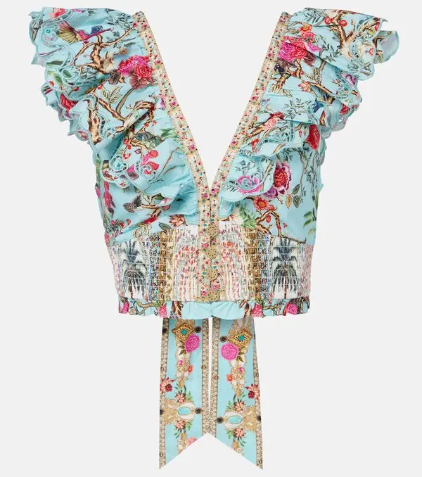 Camilla Embellished Floral Cotton Poplin Crop Top - Blue