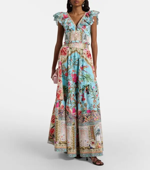 Camilla Embellished Floral Cotton Poplin Maxi Skirt