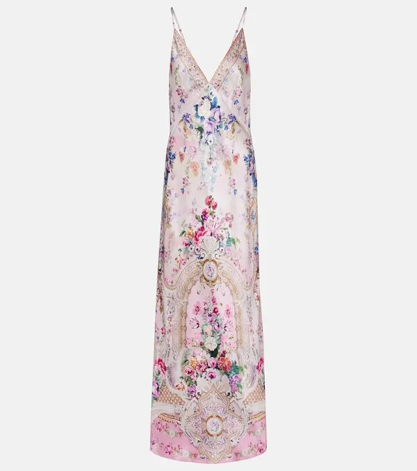 Camilla Embellished Floral Silk Satin Maxi Dress - Pink