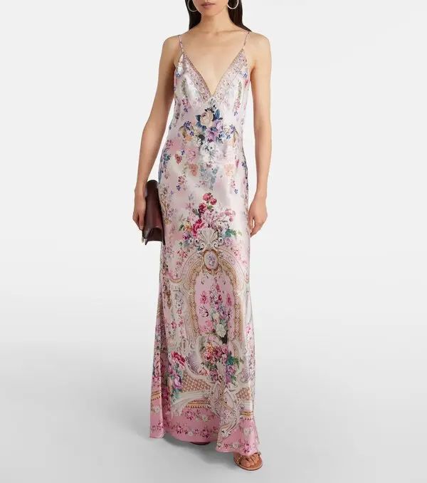 Camilla Embellished Floral Silk Satin Maxi Dress